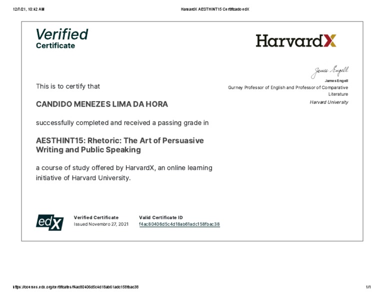 HarvardX AESTHINT15 Certificado Edx | PDF