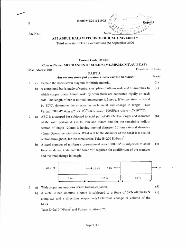 Me201 B.tech s3 Mechanics of Solids Sept 2020 | PDF