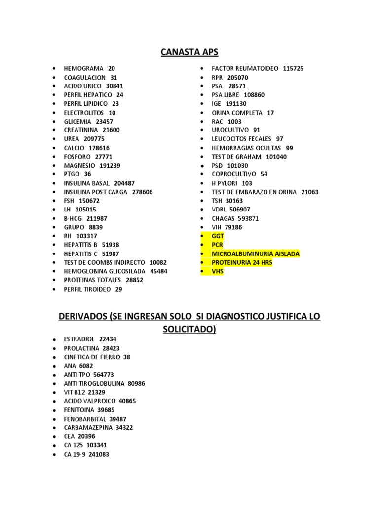 CANASTA APS Lautaro | PDF | Fluidos corporales | Pruebas medicas