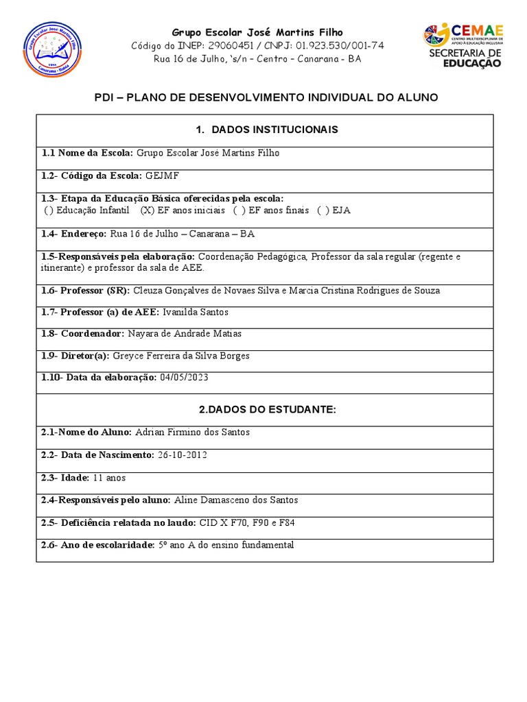 Pdi - Adrian - Ok | PDF | Alfabetização | Aprendizado