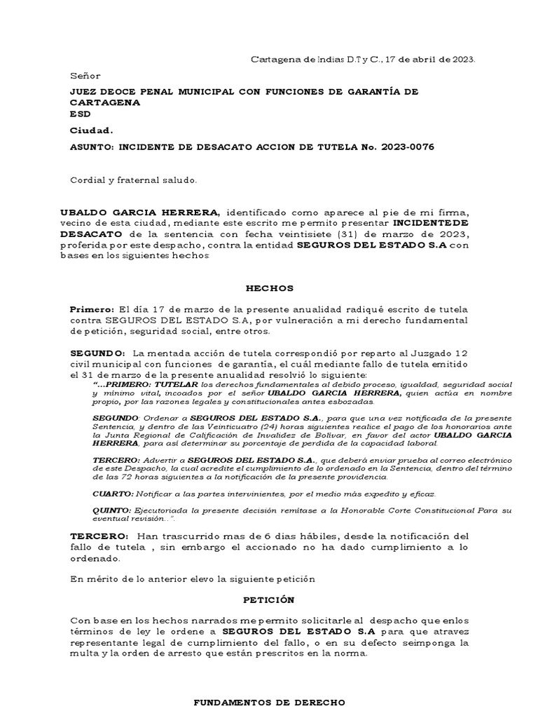 Incidente de Desacato: Acción de Tutela | PDF | Seguro | Derecho ...