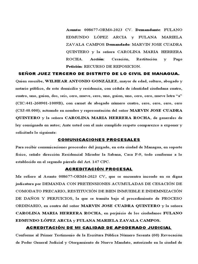 Recurso de Reposición en Juicio Civil | PDF | Demanda judicial | Principios éticos