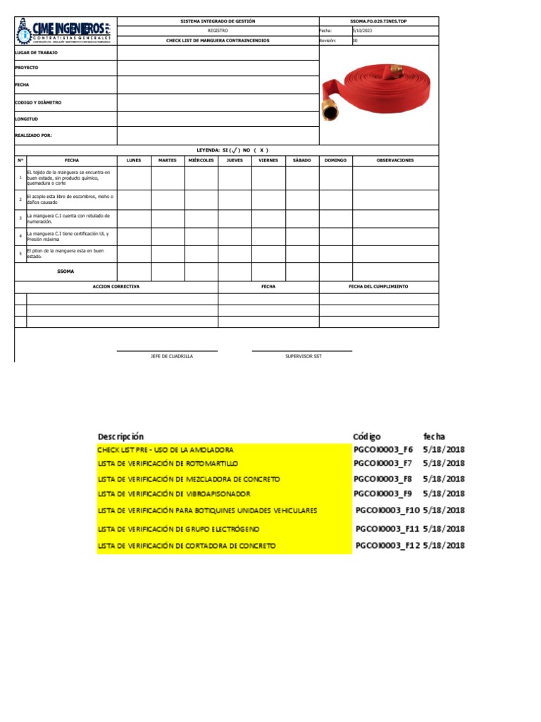 SSOMA - fo.029.TIENS - TDP Check List Manguera Contra Incendio | PDF SSOMA - fo.029.TIENS - TDP Check List Manguera Contra Incendio | PDF