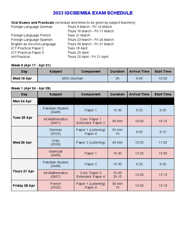 2023 Igcse - Msa Full Exam Schedule | PDF | Science