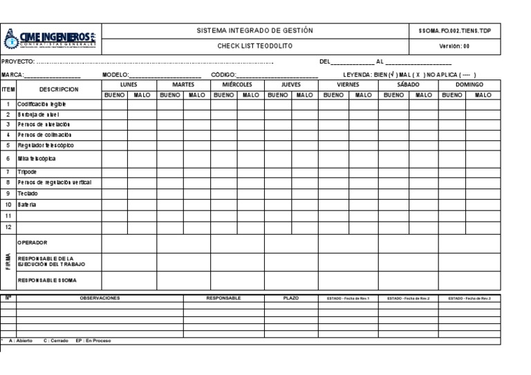 Ssoma - Fo.002.tiens - TDP Check List Teodolito | PDF Ssoma - Fo.002.tiens - TDP Check List Teodolito | PDF