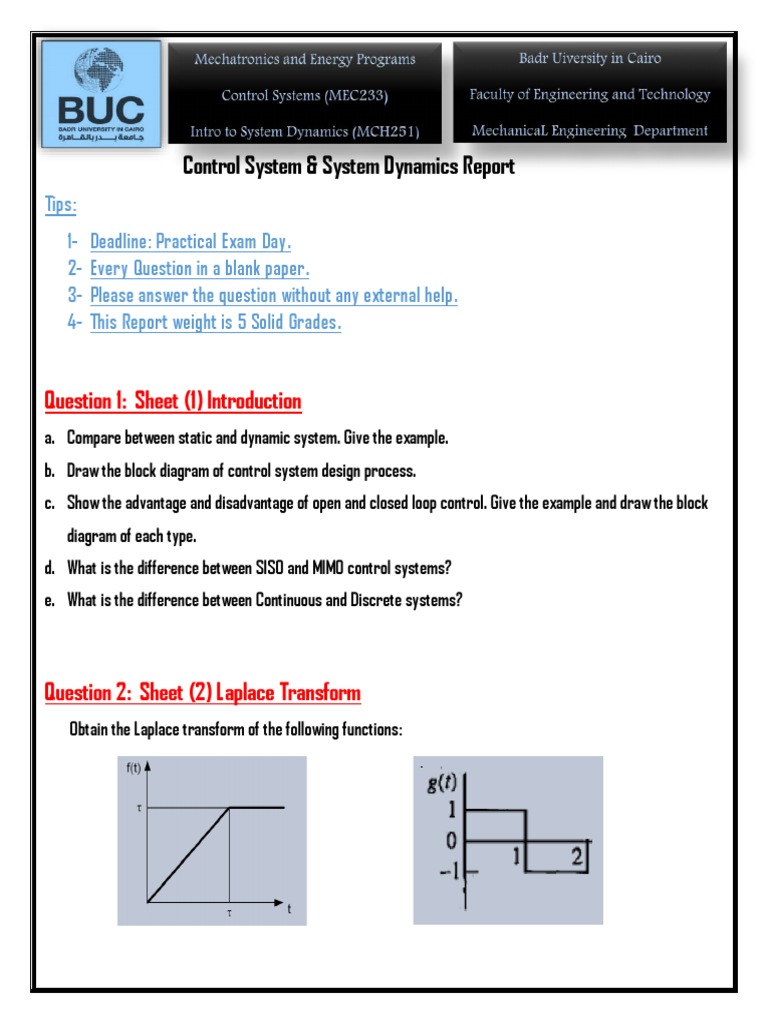 Control System & System Dynamics Report: Question 1: Sheet (1 ...