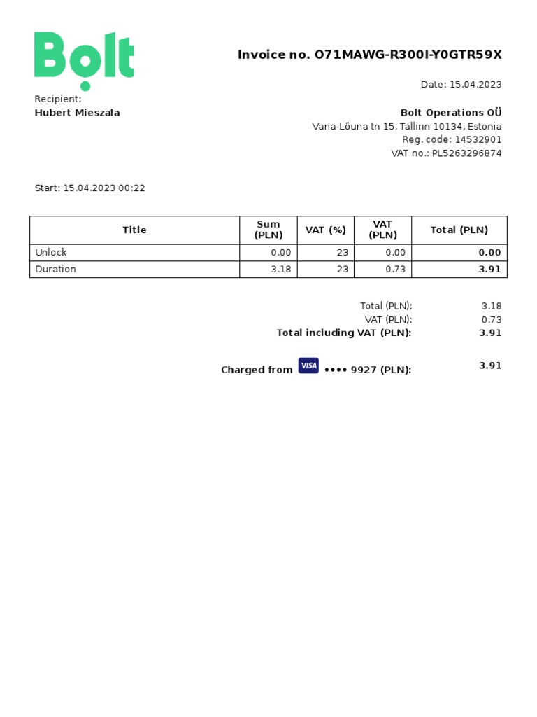 Bolt Invoice for Hubert Mieszala | PDF