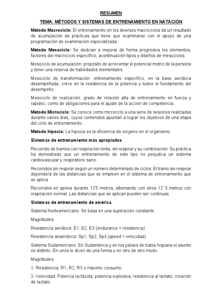 Resumen - Métodos y Sistemas de Entrenamiento en Natación | PDF