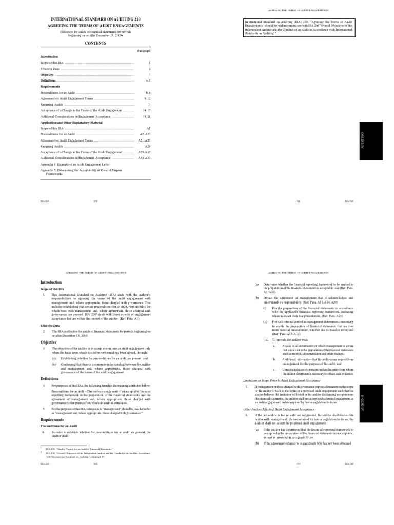ISA 210: Audit Engagement Terms | PDF | Financial Audit | Internal Control