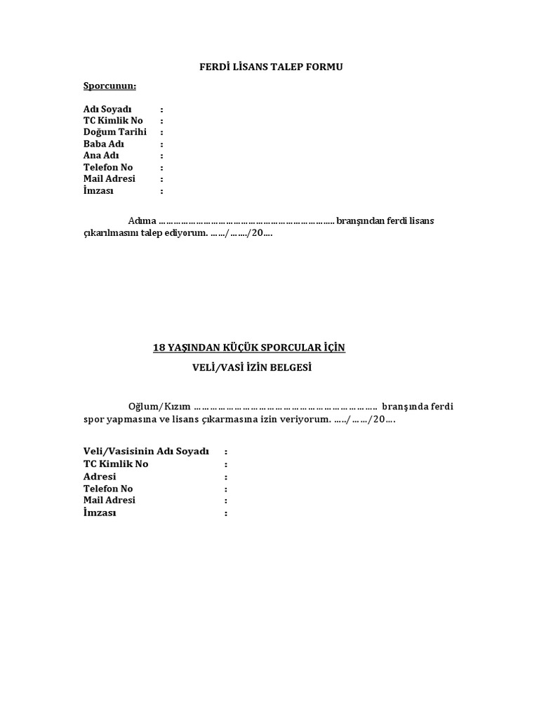 Ferdi Lisans Talep Formu Ve Veli Beyan Belgesi | PDF