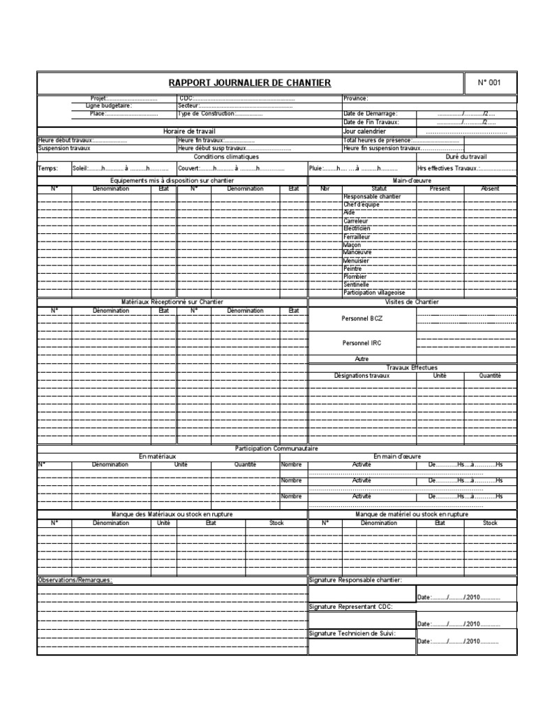 Rapport Journalier de Chantier N° 001 | PDF