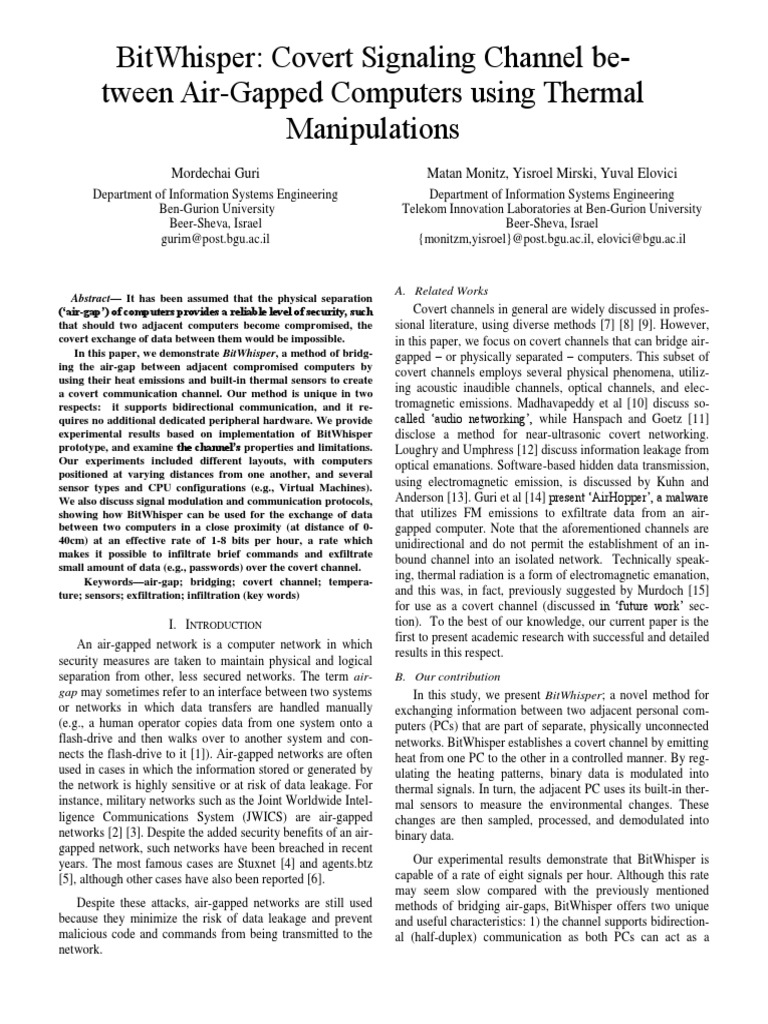 Bitwhisper: Covert Signaling Channel Be-Tween Air-Gapped Computers Using Thermal Manipulations ...