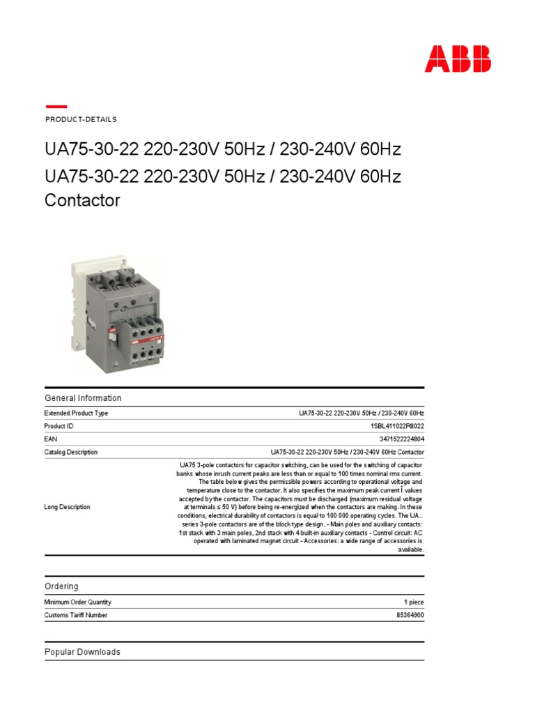 Abb Capacitor Magnet Contactor 1sbl411022r8022 3471522224804 Technical Spec | PDF | Capacitor ...
