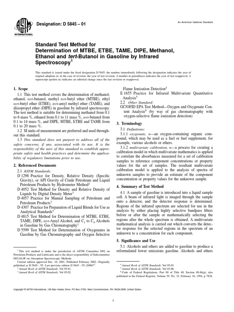 Determination of MTBE, ETBE, TAME, DIPE, Methanol, Ethanol and - Butanol in Gasoline by Infrared ...