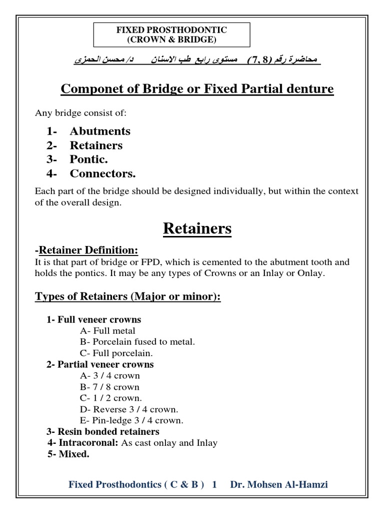Retainers: Componet of Bridge or Fixed Partial Denture | PDF ...