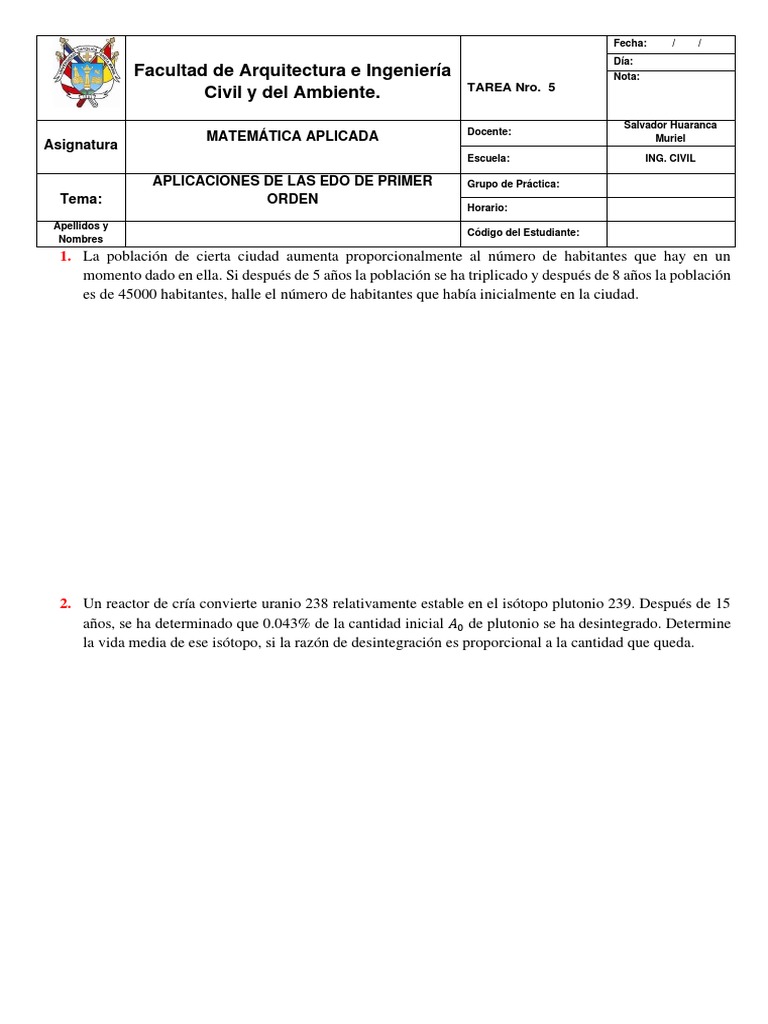 Tarea Aplicaciones de Las Edo 1er Orden | PDF