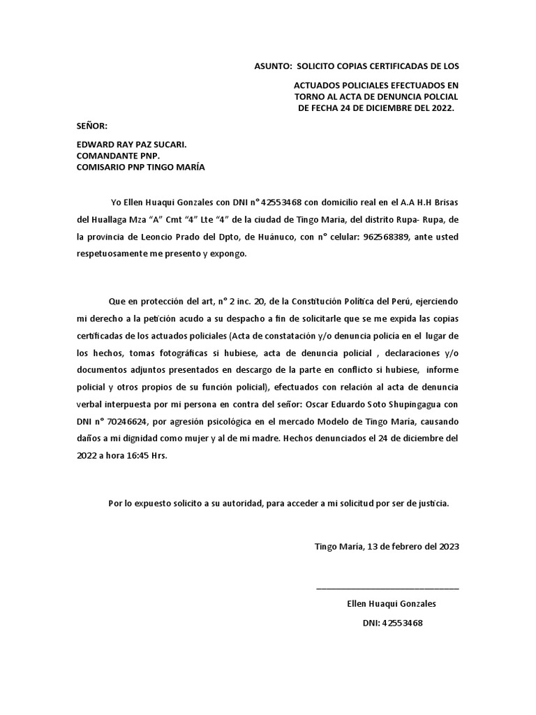 Solicitud Actuaciones Policiales | PDF