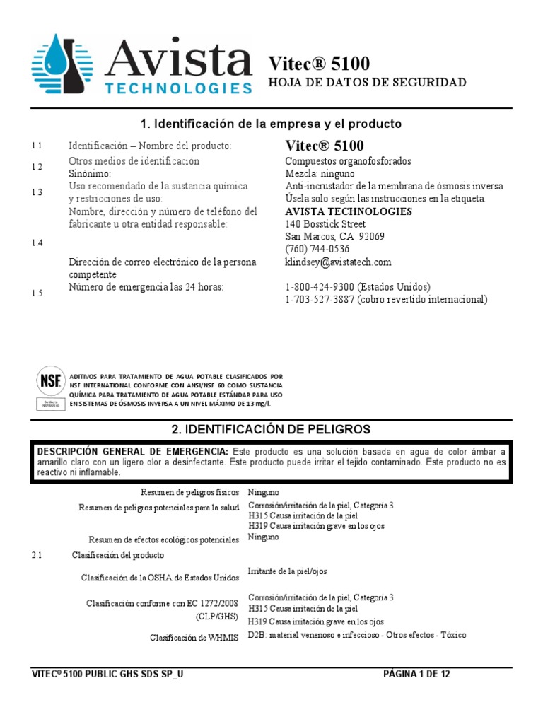 200 - Vitec 5100 - HDS | PDF | Agua | Administración de Seguridad y ...