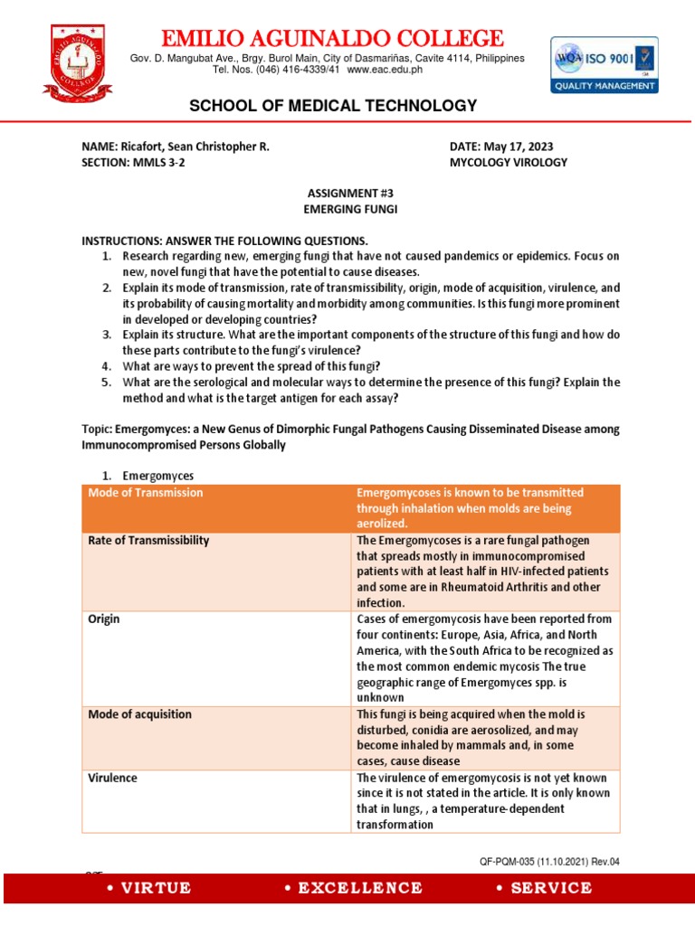 Ricafort - Assignment #3 - Emerging Fungi | PDF | Fungus | Infection
