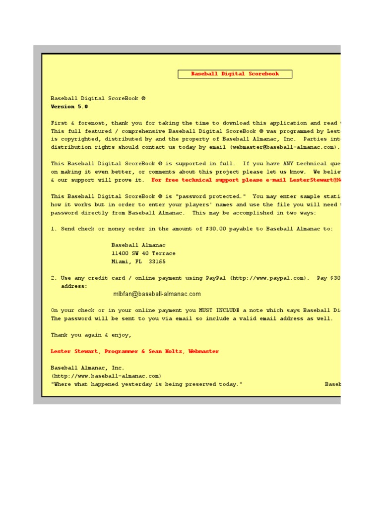 Baseball Digital Scorebook 5.0-1-1 | PDF