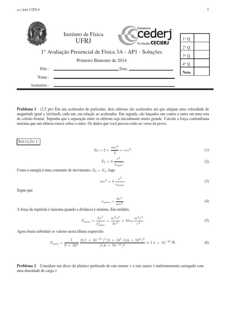 AP1 2014.1 Gabarito | PDF | Triângulo | Campo elétrico