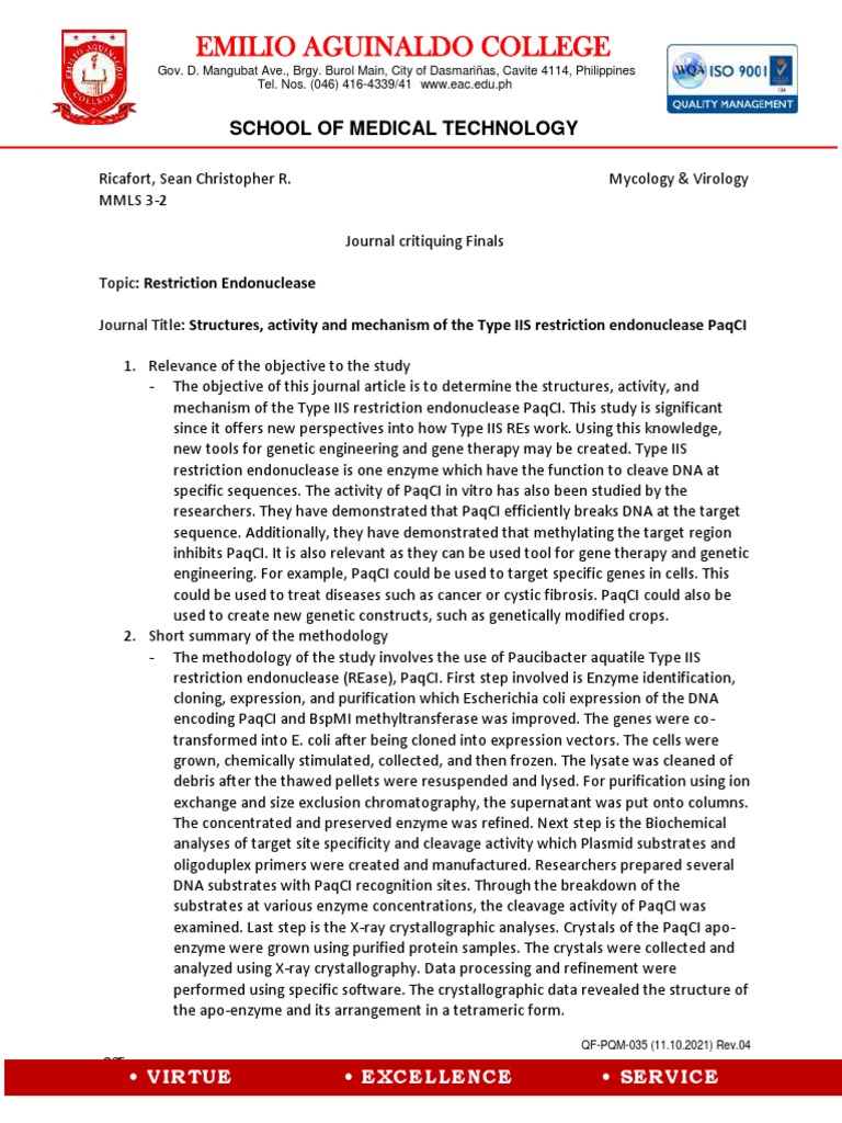 Ricafort - Finals Journal Critiquing Mycoviro Lecture | PDF | Restriction Enzyme | Molecular Cloning