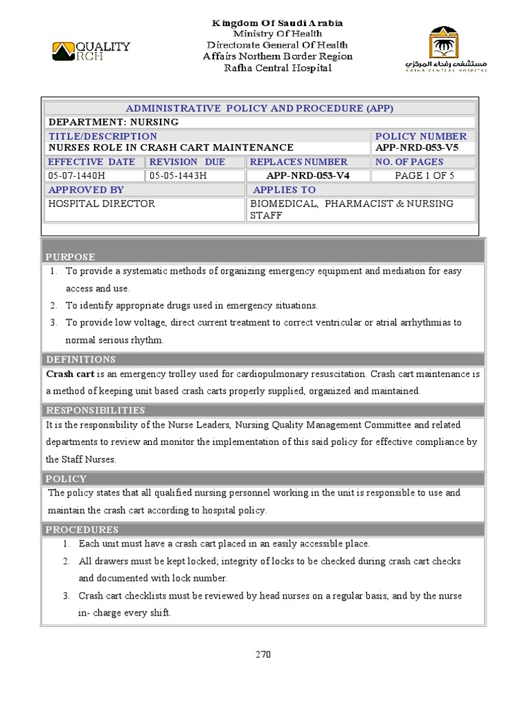 Nurse Responsibilities for Crash Cart Maintenance | PDF | Pharmacy ...