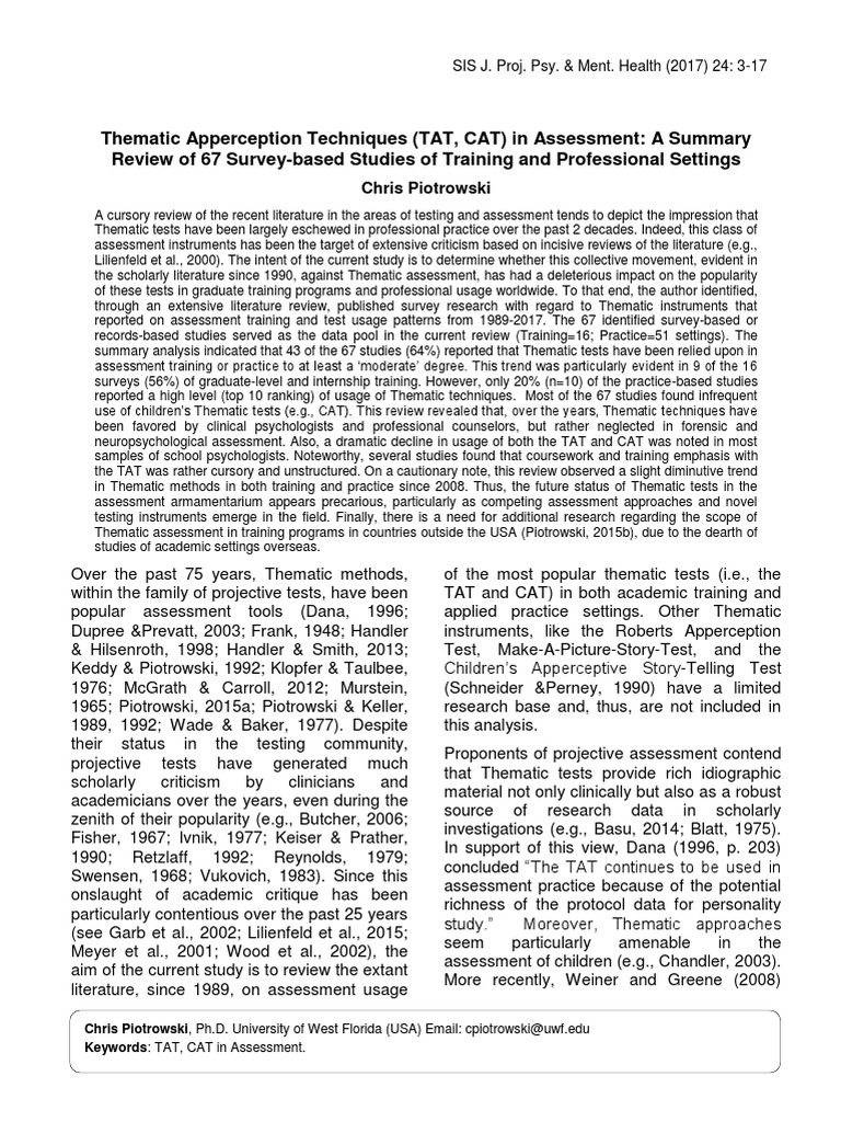 Thematic Apperception Techniques (TAT, CAT) in Assessment. A Summary Review of 67 Survey-Based ...