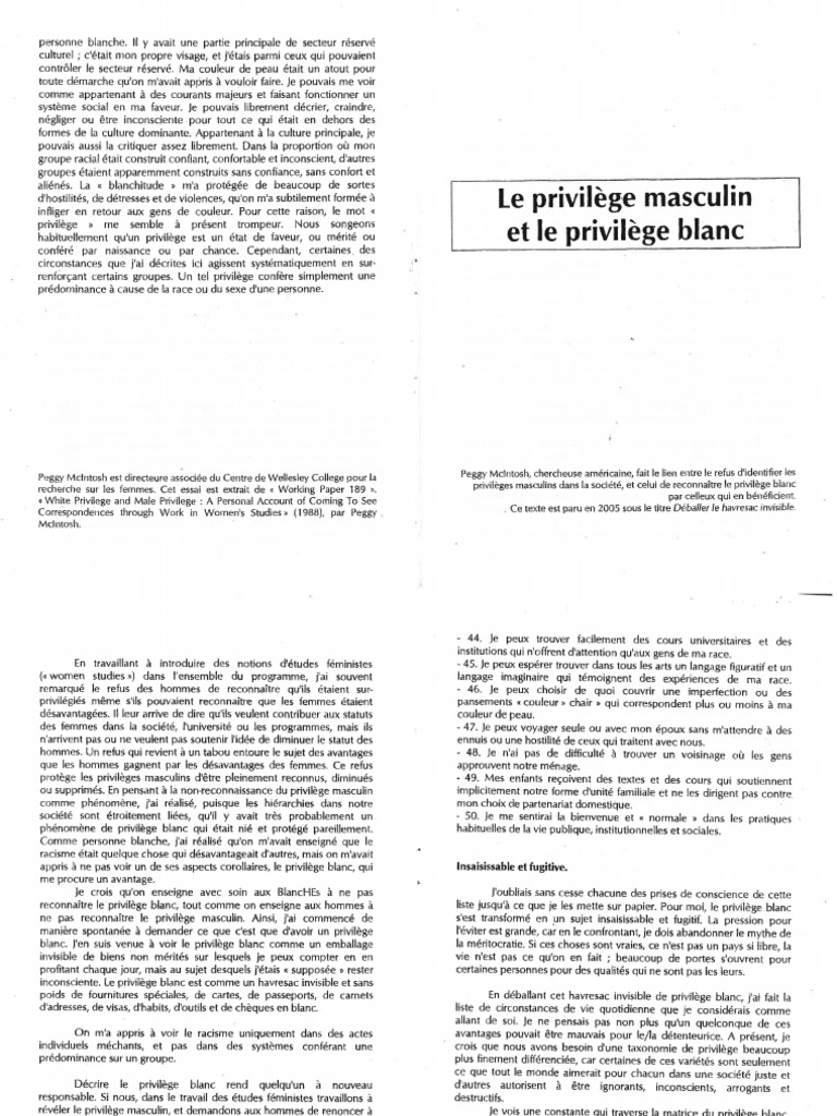 Le Privilege Masculin - Le Privilege Blanc | PDF