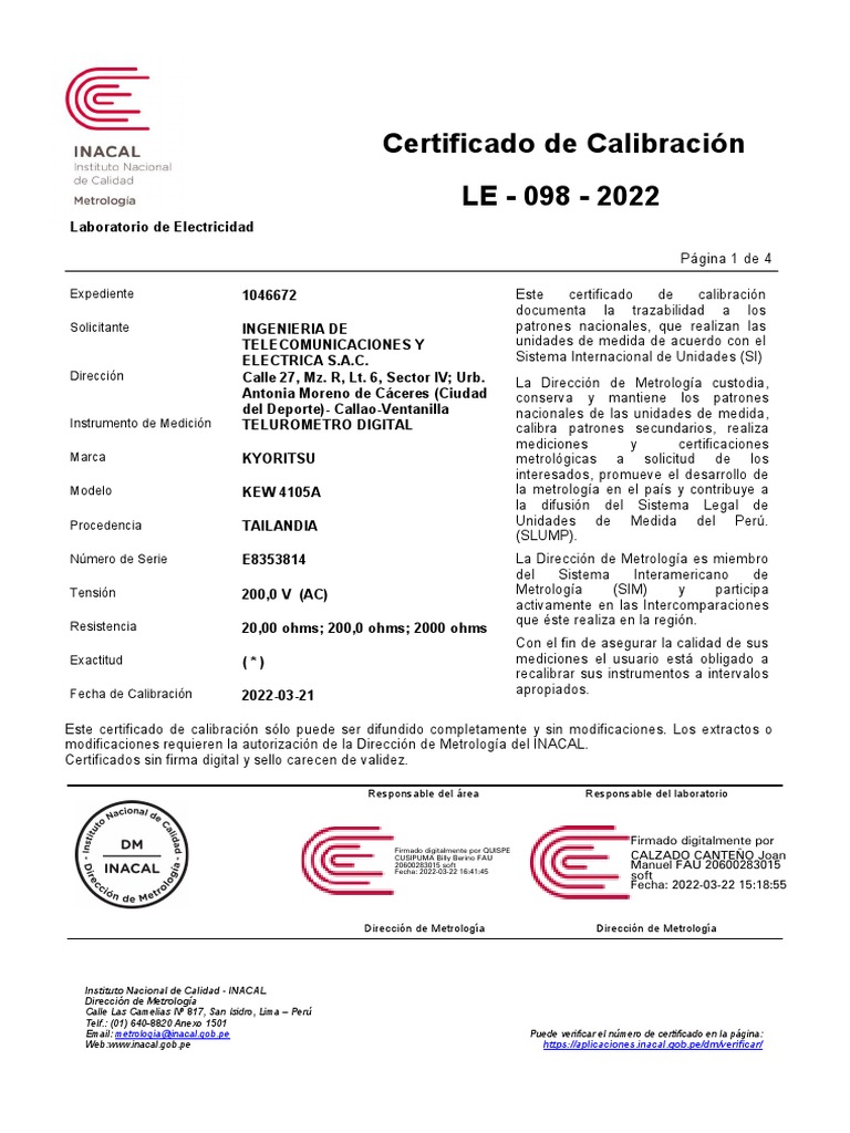 Cert. Cal TELUROMETRO KYORITSU INTEL | PDF | Metrología | Calibración