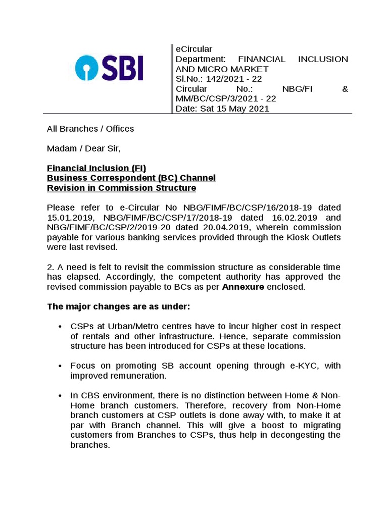 Financial Inclusion (FI) Business Correspondent (BC) Channel Revision ...