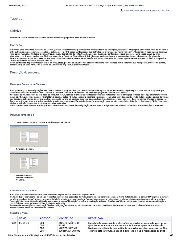 Manual de Tabelas - TOTVS Varejo Supermercados (Linha RMS) - TDN | PDF | Embalagem e rotulagem ...
