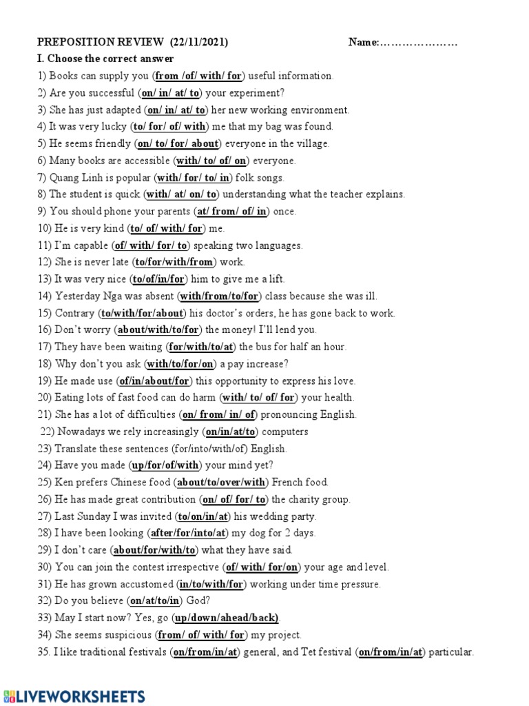 PREPOSITION REVIEW (22/11/2021) Name: I. Choose The Correct Answer | PDF