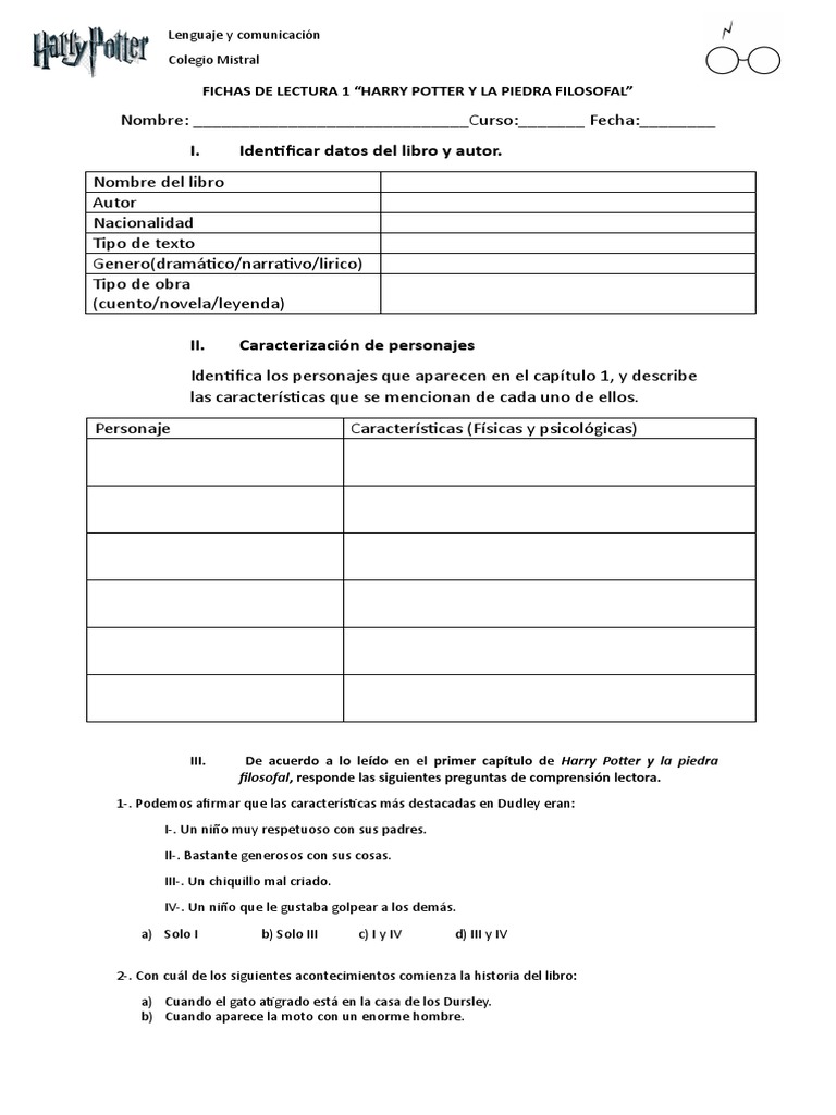 Fichas de Lectura 1 Harry Potter y La Piedra Filosofal | PDF | Harry Potter