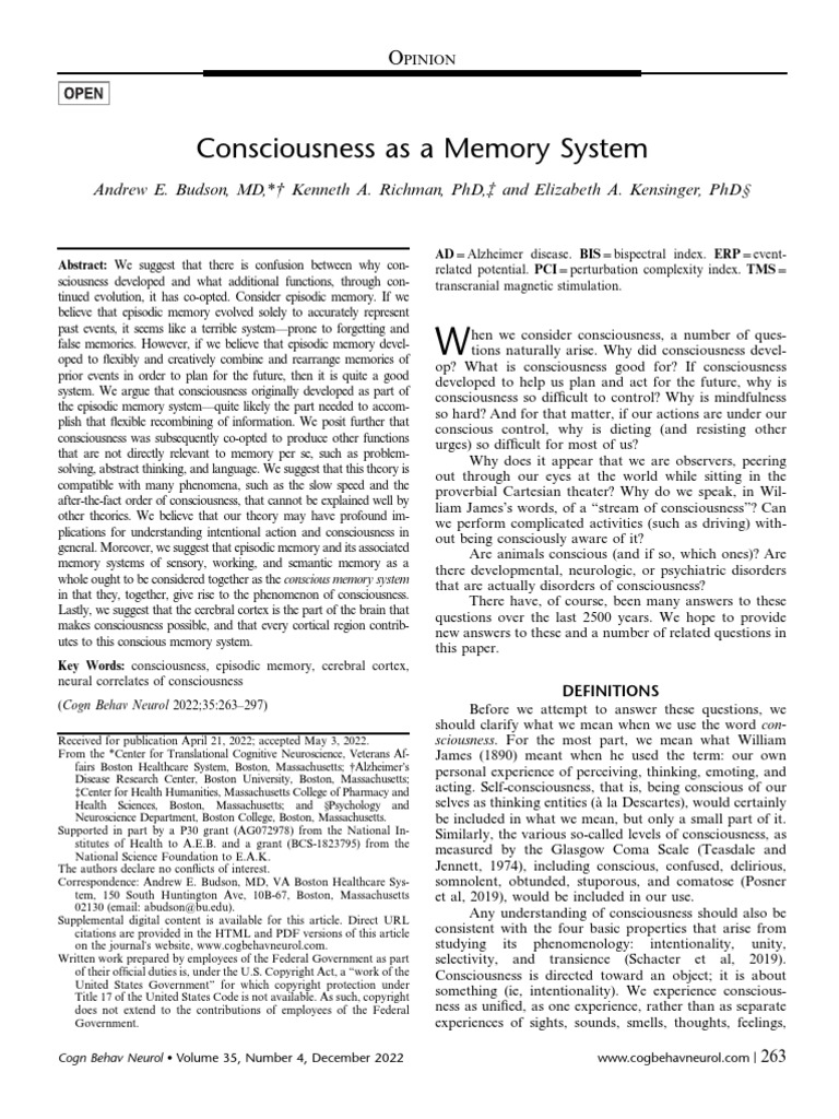 Consciousness As A Memory System.5 | PDF | Consciousness | Memory