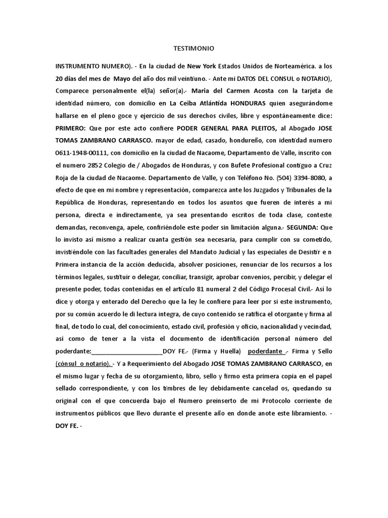 Poder Notarial a Tomas Zambrano | PDF | Honduras | Gobierno