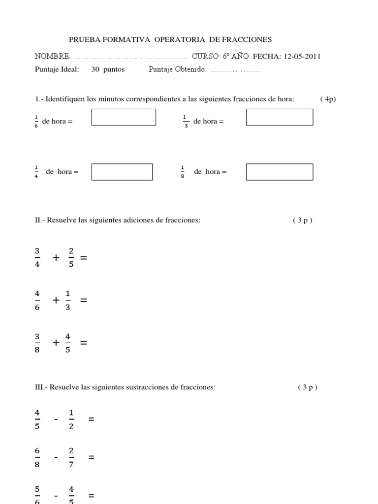 PRUEBA FORMATIVA DE OPERATORIA DE FRACCIONES 6º AÑO BÁSICO