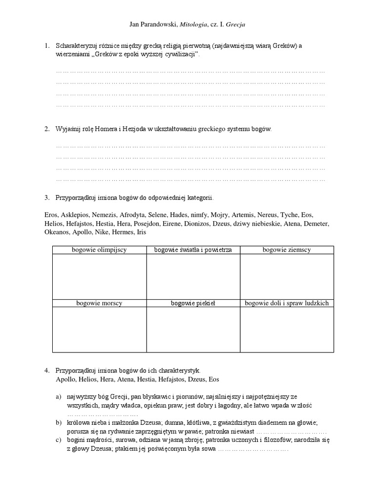 Mitologia - Karta Pracy Dla Uczniów | PDF