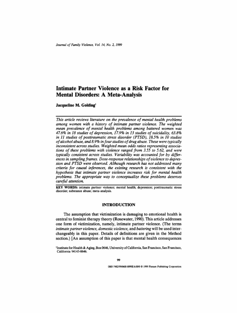 Intimate Partner Violence As A Risk Factor For Mental Disorders: A Meta ...