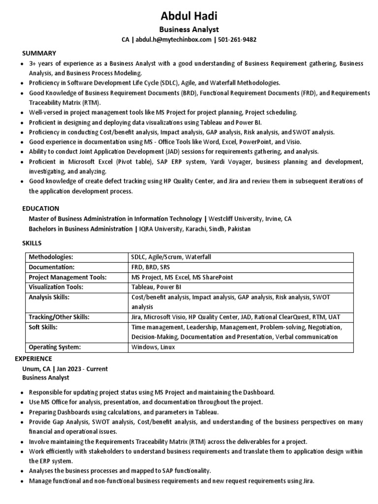 Abdul Hadi-Business Analyst-Final Updated Resume | PDF | Software ...