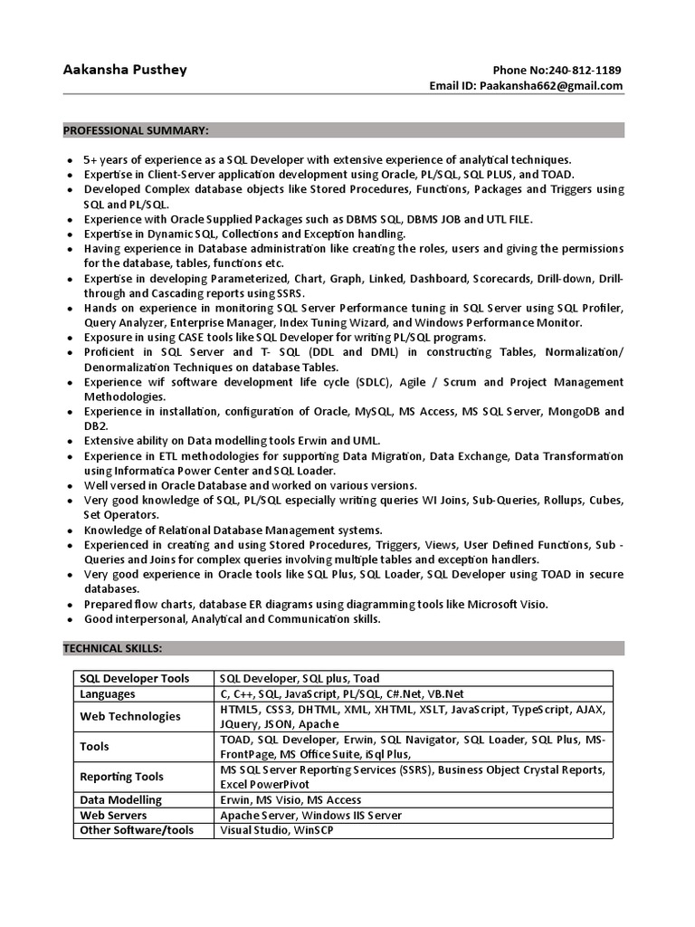 Aakansha Pusthey SQL Developer Resume2 | PDF | Microsoft Sql Server | Databases