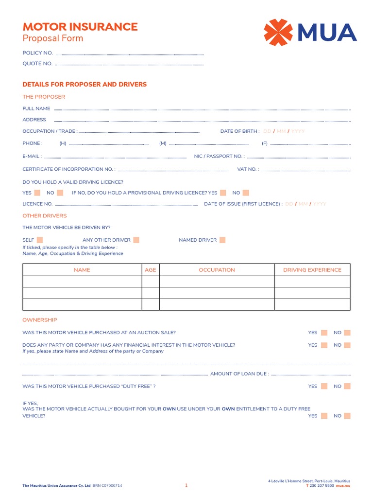 Motor Proposal Form EDITABLE V2 | PDF | Vehicle Insurance | Insurance