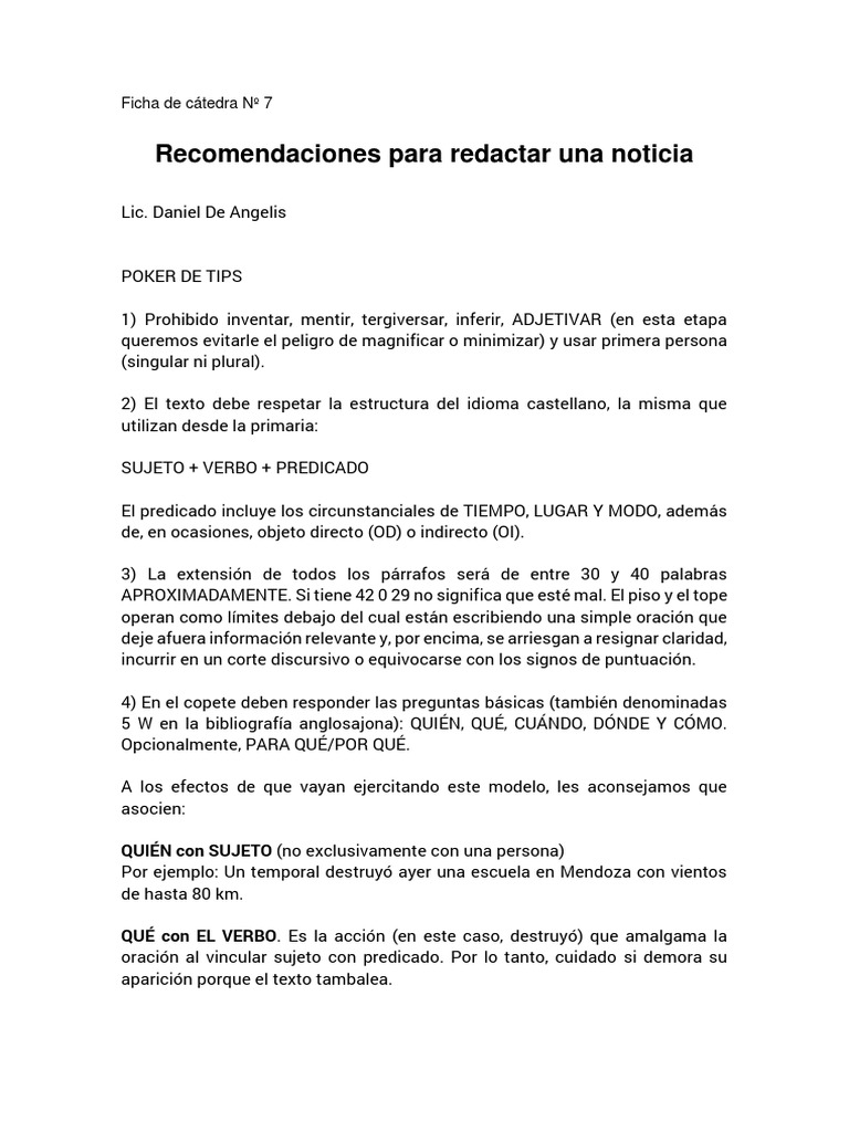 Ficha 7 Recomendaciones para Redactar Una Noticia 1 | PDF | Verbo ...