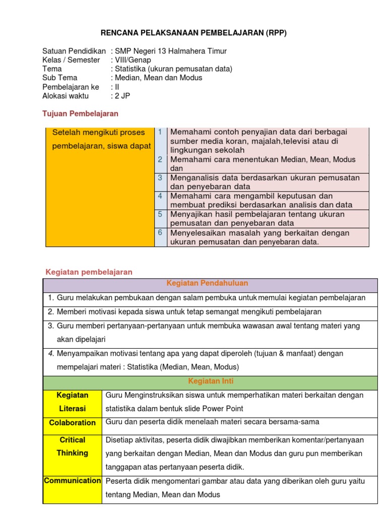 RPP Materi Statistika Median Mean Dan Modus | PDF