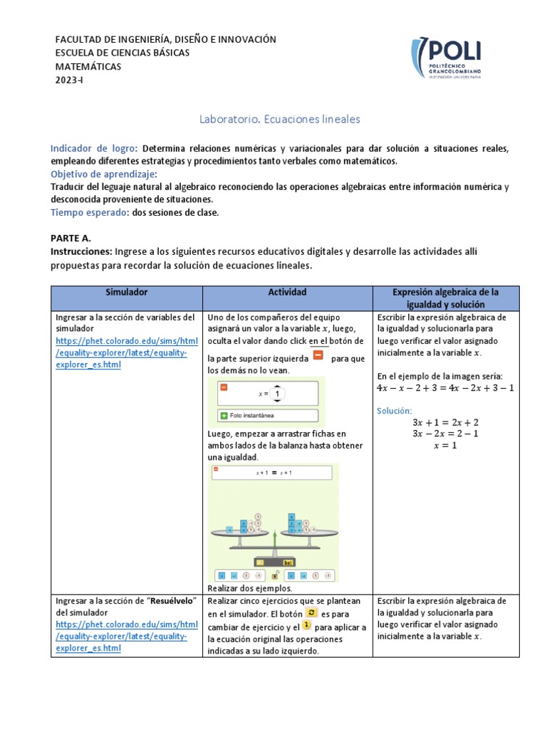 Laboratorio - Ecuaciones Lineales | PDF | Ecuaciones | Matemáticas