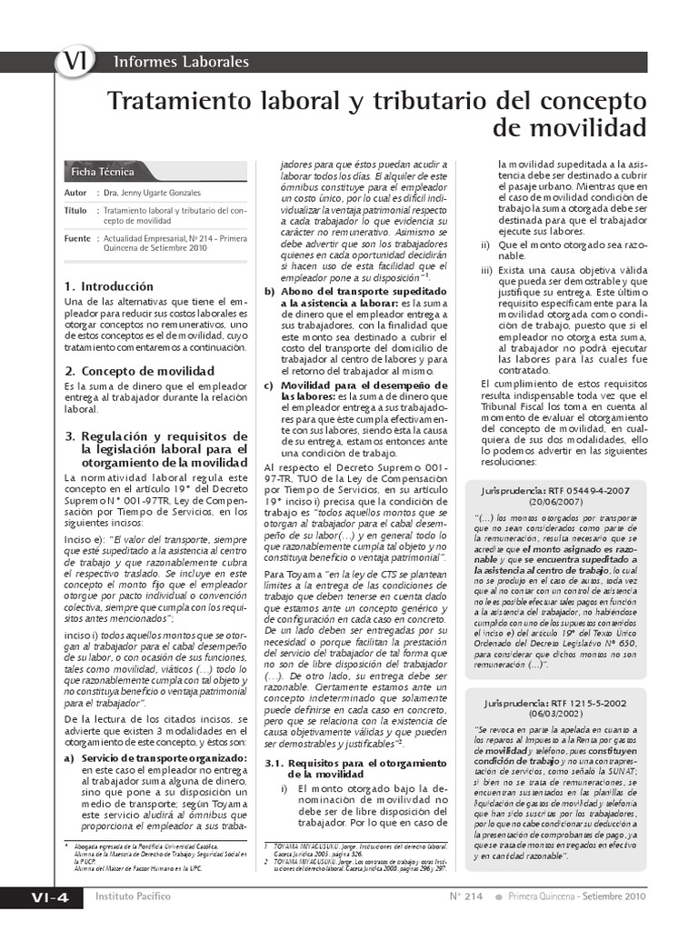 Tratamiento Tributario y Laboral Planilla de Movilidad | PDF | Derecho laboral | Salario