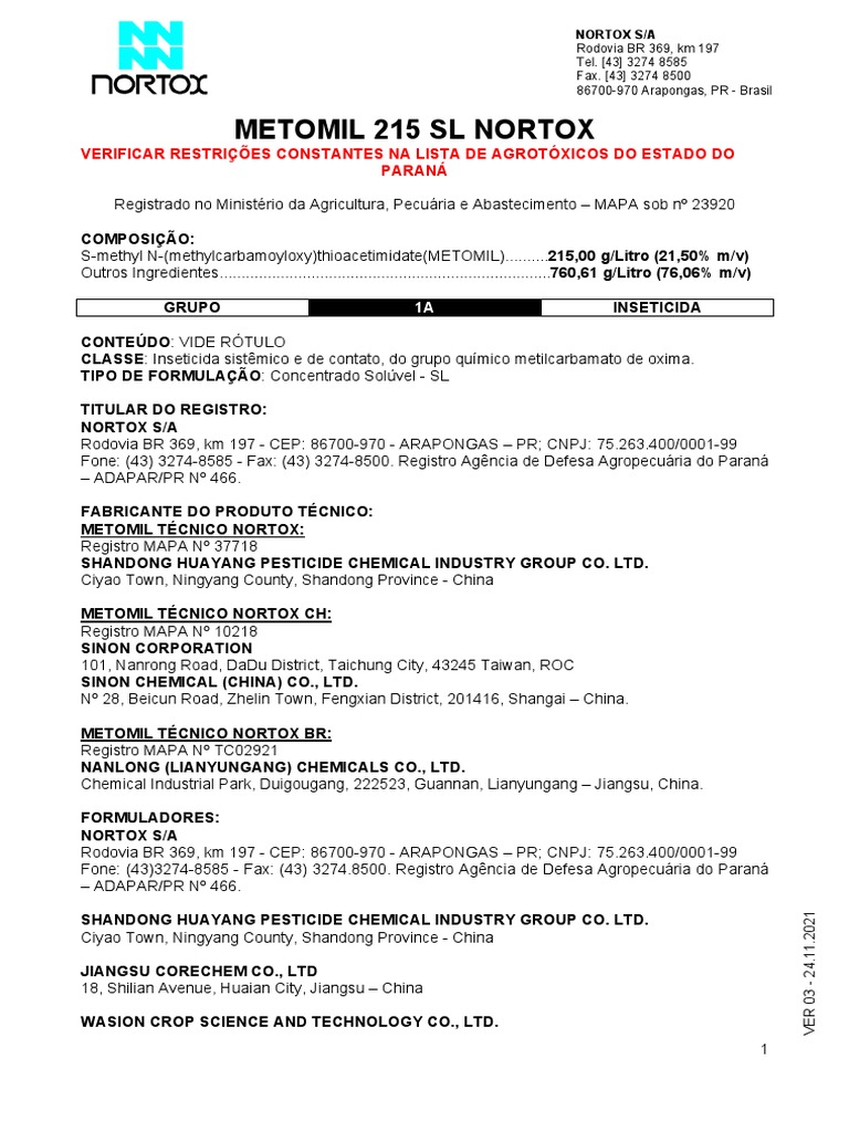Metomil 215 SL Nortox - Bula Ver 03 - 24.11 - Adapar | PDF ...