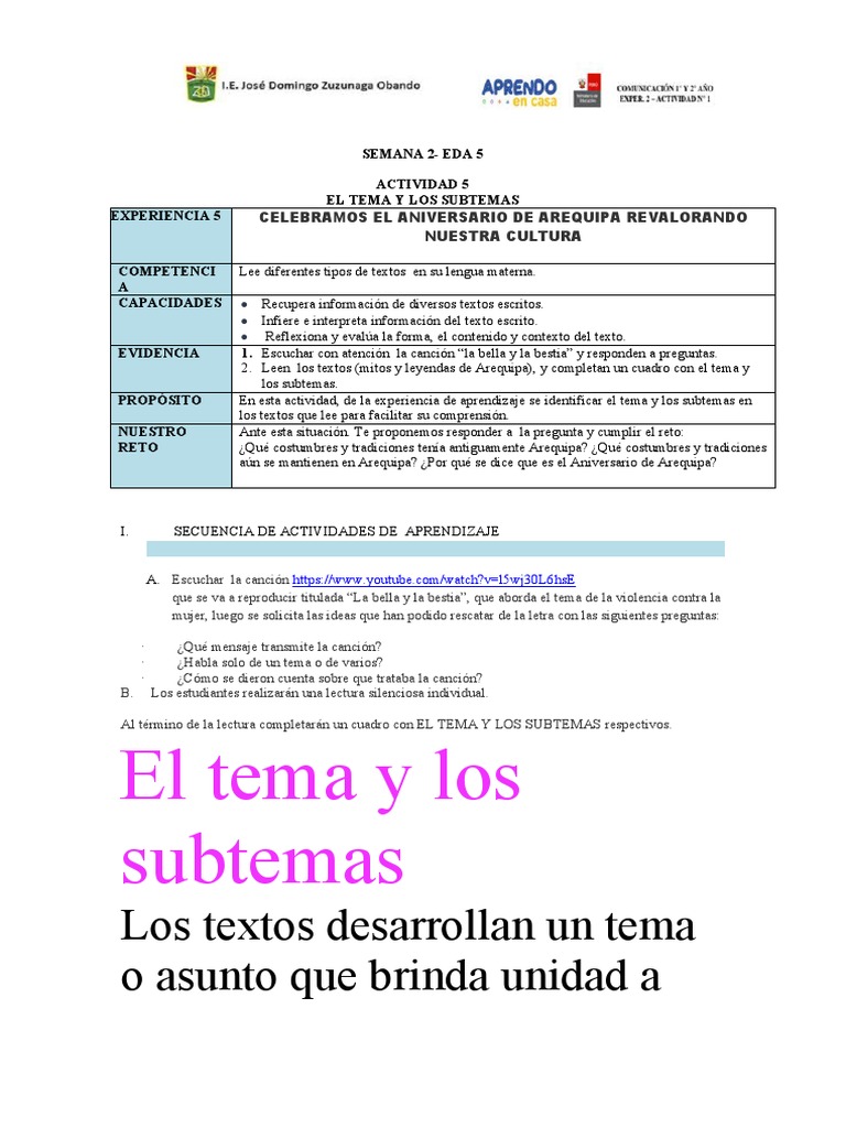 2do-Eda5 Act5 El Tema y Los Subtemas | PDF | Aprendizaje | Teoria de la mente