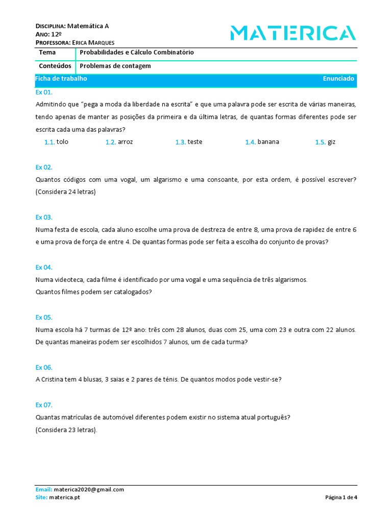 Ficha 4 Problemas de Contagem 12 | PDF | Linguística