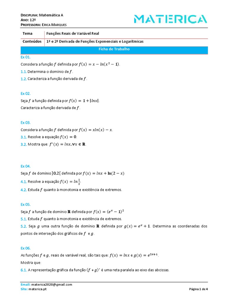 Ficha 20 1 E 2 Derivada De Funções Exponenciais E Logarítmicas 12 Pdf